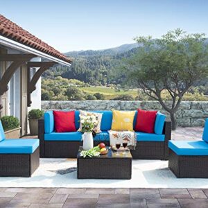 Homall 6 Pieces Patio Outdoor Furniture Sets, Low Back All Weather Rattan Sectional Sofa Manual Weaving Wicker Conversation Set with Coffee Table and Washable Couch Cushions (Blue)