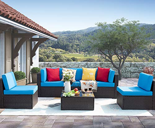 Homall 6 Pieces Patio Outdoor Furniture Sets, Low Back All Weather Rattan Sectional Sofa Manual Weaving Wicker Conversation Set with Coffee Table and Washable Couch Cushions (Blue)