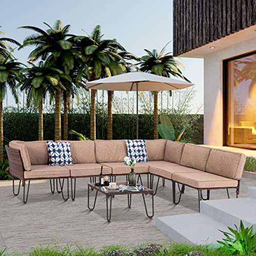 UDPATIO Outdoor Patio Furniture Sets, 7 Piece Outdoor Sectional Couch Wicker Patio Conversation Set PE Rattan Sofa w/Dining Coffee Table Washable Olefin Cushion & Pillow for Garden Balcony Yard Khaki