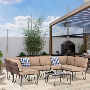 UDPATIO Outdoor Patio Furniture Sets, 7 Piece Outdoor Sectional Couch Wicker Patio Conversation Set PE Rattan Sofa w/Dining Coffee Table Washable Olefin Cushion & Pillow for Garden Balcony Yard Khaki