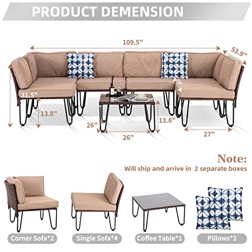 UDPATIO Outdoor Patio Furniture Sets, 7 Piece Outdoor Sectional Couch Wicker Patio Conversation Set PE Rattan Sofa w/Dining Coffee Table Washable Olefin Cushion & Pillow for Garden Balcony Yard Khaki