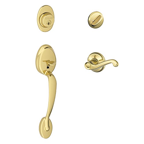 Schlage Lock Company Plymouth Single Cylinder Handleset and Left Hand Flair Lever, Bright Brass (F60 PLY 605 FLA LH)