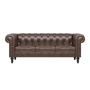 MGH 84'' PU Faux Leather Chesterfield Sofa, Mid-Century 3 Seats Top Grain Living Room Couch, Deep Button Tufted Modern Sofas Couches with Rolled Arm Settee for Bedroom, Brown (110PU)