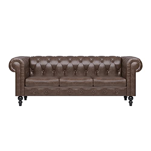 MGH 84'' PU Faux Leather Chesterfield Sofa, Mid-Century 3 Seats Top Grain Living Room Couch, Deep Button Tufted Modern Sofas Couches with Rolled Arm Settee for Bedroom, Brown (110PU)