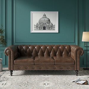 mgh 84” pu faux leather chesterfield sofa, mid-century 3 seats top grain living room couch, deep button tufted modern sofas couches with rolled arm settee for bedroom, brown (110pu)