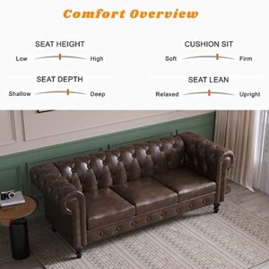 MGH 84'' PU Faux Leather Chesterfield Sofa, Mid-Century 3 Seats Top Grain Living Room Couch, Deep Button Tufted Modern Sofas Couches with Rolled Arm Settee for Bedroom, Brown (110PU)