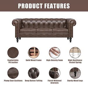 MGH 84'' PU Faux Leather Chesterfield Sofa, Mid-Century 3 Seats Top Grain Living Room Couch, Deep Button Tufted Modern Sofas Couches with Rolled Arm Settee for Bedroom, Brown (110PU)