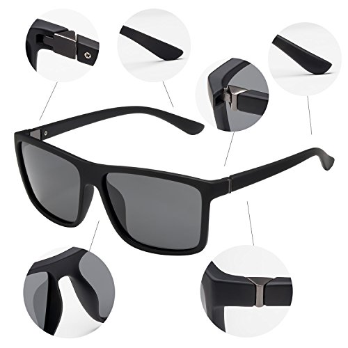 NIEEPA Men's Driving Sports Polarized Sunglasses Square Wayfarer Plastic Frame Glasses (Grey Lens/Black Frame)