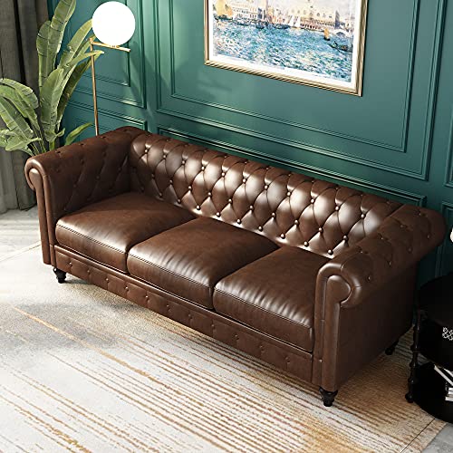 JULYFOX Brown Leather Couch Button Tufted, Faux Leather Chesterfield Sofa with Rolled Arms Black Wood Legs 750 lbs Heavy Duty 88 in Wide for Home Living Room