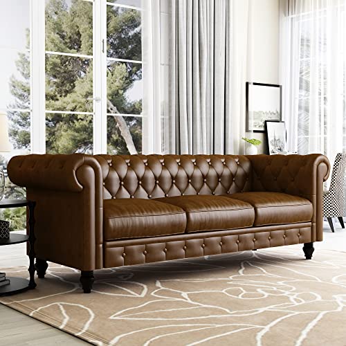 JULYFOX Brown Leather Couch Button Tufted, Faux Leather Chesterfield Sofa with Rolled Arms Black Wood Legs 750 lbs Heavy Duty 88 in Wide for Home Living Room