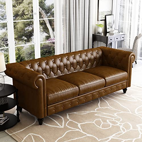 JULYFOX Brown Leather Couch Button Tufted, Faux Leather Chesterfield Sofa with Rolled Arms Black Wood Legs 750 lbs Heavy Duty 88 in Wide for Home Living Room