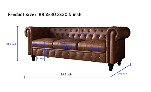 JULYFOX Brown Leather Couch Button Tufted, Faux Leather Chesterfield Sofa with Rolled Arms Black Wood Legs 750 lbs Heavy Duty 88 in Wide for Home Living Room