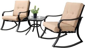 solaura 3-piece outdoor rocking chairs bistro set, black iron patio furniture with brown thickened cushion & glass-top coffee table