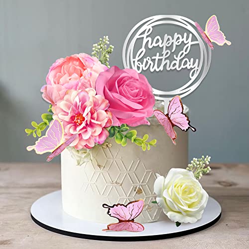 14 PCS Flower Cake Toppers Butterfly Cake Decorations Happy Birthday Cake Toppers with Artificial Pink Rose Flowers Eucalyptus Butterflies for Girls Birthday Party Wedding Baby Shower Supplies (Pink)