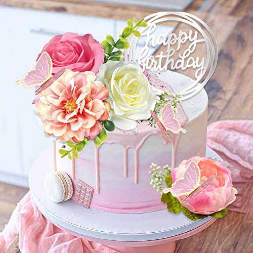 14 PCS Flower Cake Toppers Butterfly Cake Decorations Happy Birthday Cake Toppers with Artificial Pink Rose Flowers Eucalyptus Butterflies for Girls Birthday Party Wedding Baby Shower Supplies (Pink)