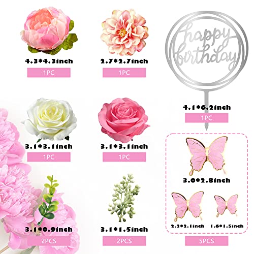 14 PCS Flower Cake Toppers Butterfly Cake Decorations Happy Birthday Cake Toppers with Artificial Pink Rose Flowers Eucalyptus Butterflies for Girls Birthday Party Wedding Baby Shower Supplies (Pink)