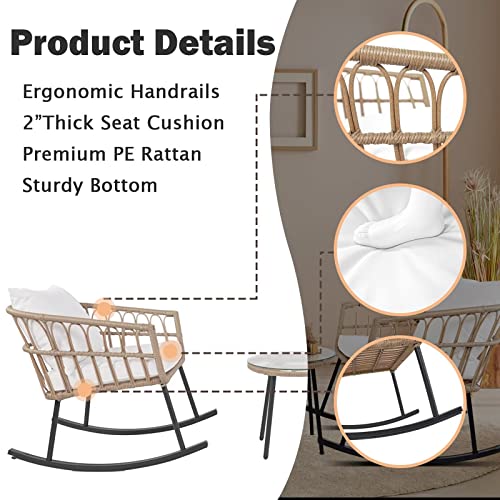 3 Pieces Rocking Chairs Set, Boho Indoor Outdoor All Weather Woven Rope Table Set, Tan Wicker Chat Set with White Cushions, Rattan Sets for Balcony, Garden, Front Porch,Indoor,Living Rooms