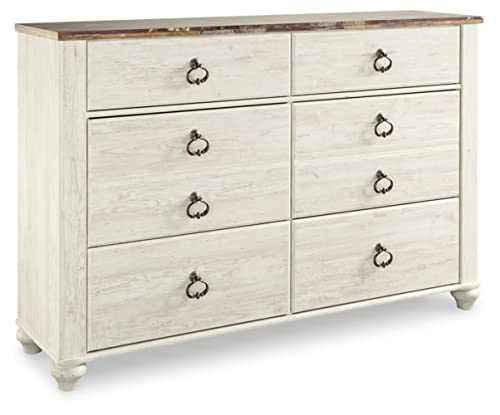 Signature Design by Ashley Willowton Coastal Cottage 6 Drawer Dresser with Faux Plank Top, Whitewash