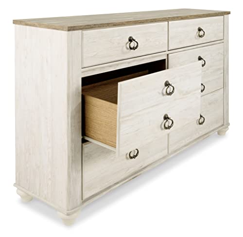 Signature Design by Ashley Willowton Coastal Cottage 6 Drawer Dresser with Faux Plank Top, Whitewash