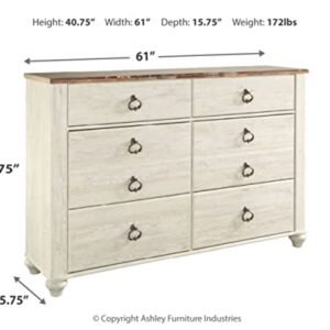 Signature Design by Ashley Willowton Coastal Cottage 6 Drawer Dresser with Faux Plank Top, Whitewash