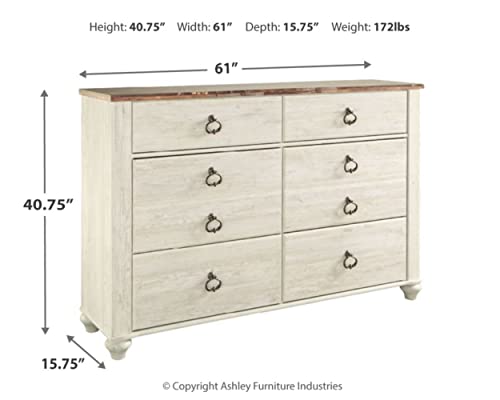 Signature Design by Ashley Willowton Coastal Cottage 6 Drawer Dresser with Faux Plank Top, Whitewash