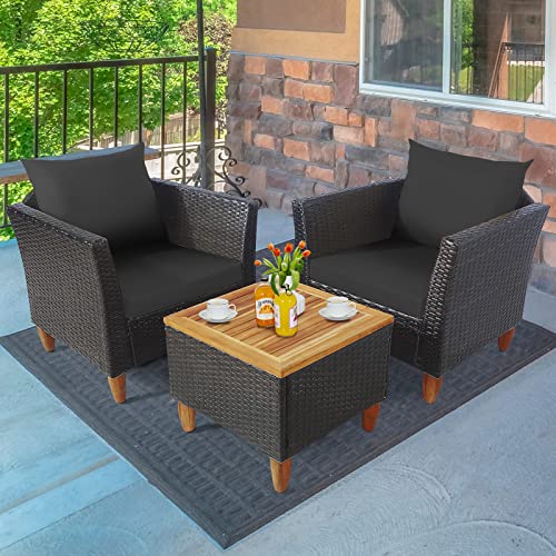 Tangkula 3-Piece Patio Furniture Set, Patiojoy Outdoor PE Wicker Bistro Set with Soft Cushions and Solid Acacia Wood, Outdoor Conversation Set with Porch, Balcony and Garden (Black)