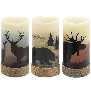 genswin flameless flickering led candles with hemp rope and 6h timer, battery operated set of 3 real wax pillar rustic candles warm light with deer, moose, bear decals decor christmas home(d3 x h6)