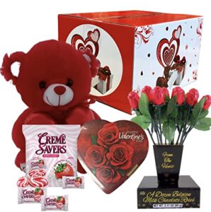 valentine gift basket set |10″ teddy bear plush (white or red), dozen belgian milk chocolate roses bouquet, creme savers strawberry and creme hard candy, elmer chocolate rose flowers heart shaped, & beautiful custom valentine box|