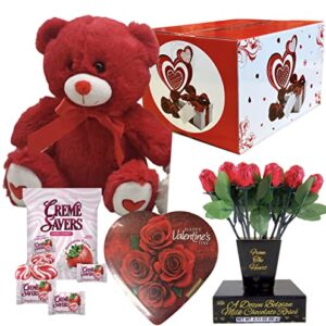 VALENTINE GIFT BASKET SET |10" Teddy Bear Plush (White or Red), Dozen Belgian Milk Chocolate Roses Bouquet, Creme Savers Strawberry and Creme Hard Candy, Elmer Chocolate Rose Flowers Heart Shaped, & Beautiful Custom Valentine Box|