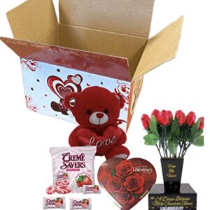 VALENTINE GIFT BASKET SET |10" Teddy Bear Plush (White or Red), Dozen Belgian Milk Chocolate Roses Bouquet, Creme Savers Strawberry and Creme Hard Candy, Elmer Chocolate Rose Flowers Heart Shaped, & Beautiful Custom Valentine Box|