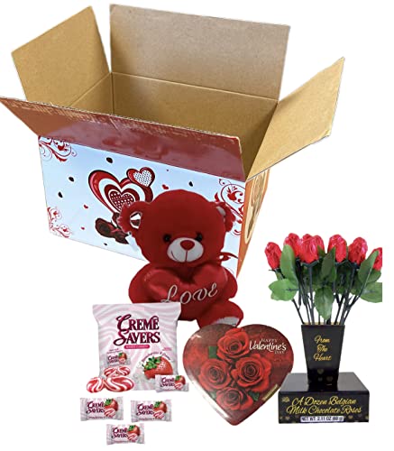 VALENTINE GIFT BASKET SET |10" Teddy Bear Plush (White or Red), Dozen Belgian Milk Chocolate Roses Bouquet, Creme Savers Strawberry and Creme Hard Candy, Elmer Chocolate Rose Flowers Heart Shaped, & Beautiful Custom Valentine Box|