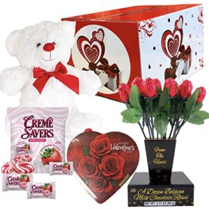 VALENTINE GIFT BASKET SET |10" Teddy Bear Plush (White or Red), Dozen Belgian Milk Chocolate Roses Bouquet, Creme Savers Strawberry and Creme Hard Candy, Elmer Chocolate Rose Flowers Heart Shaped, & Beautiful Custom Valentine Box|