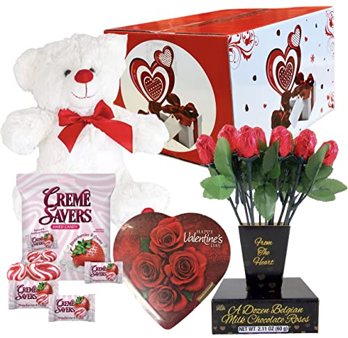 VALENTINE GIFT BASKET SET |10" Teddy Bear Plush (White or Red), Dozen Belgian Milk Chocolate Roses Bouquet, Creme Savers Strawberry and Creme Hard Candy, Elmer Chocolate Rose Flowers Heart Shaped, & Beautiful Custom Valentine Box|