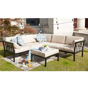 lokatse home 6 piece patio conversation set outdoor furniture sectional sofa with 3 corner couch 2 armless chair and 1 ottoman, 6pcs, khaki cushions