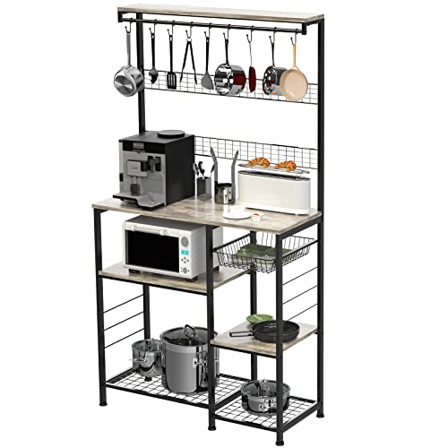 X-cosrack Kitchen Baker's Rack, 68inch Microwave Oven Stand with Pull-out Wire Basket, 8 Hooks + 15 S Hooks,3 Tier + 4 Tier Utility Storage Shelf with Mesh Panels for Utensils, Pots, Pans, Spices