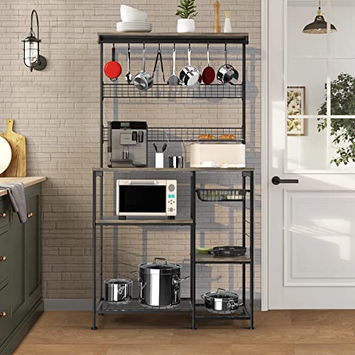 X-cosrack Kitchen Baker's Rack, 68inch Microwave Oven Stand with Pull-out Wire Basket, 8 Hooks + 15 S Hooks,3 Tier + 4 Tier Utility Storage Shelf with Mesh Panels for Utensils, Pots, Pans, Spices