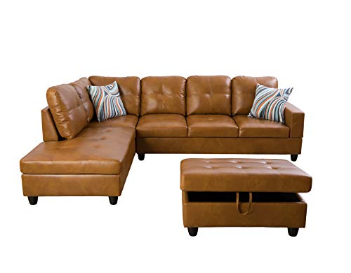 AYCP Contemporary Sectional Sofa w/Chaise and Storage Ottoman|3-Piece L-Shape Living Room Furniture|Faux Leather Upholstery|High-Density Memory Foam Cushions|(2) Toss Pillows (Ginger Left Facing)