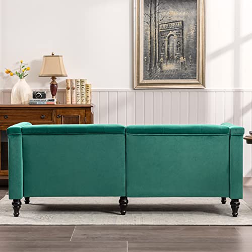 TTGIEET 76'' W Velvet Sofa Mid-Century Modern Love Seats, 3 Seater Sofa Couch with Two Bolster Pillows, Tufted futon Sofa Furniture for Living Room Bedroom Office （Green）