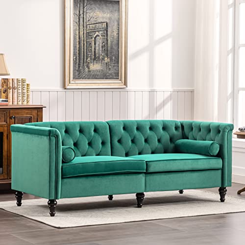 TTGIEET 76'' W Velvet Sofa Mid-Century Modern Love Seats, 3 Seater Sofa Couch with Two Bolster Pillows, Tufted futon Sofa Furniture for Living Room Bedroom Office （Green）