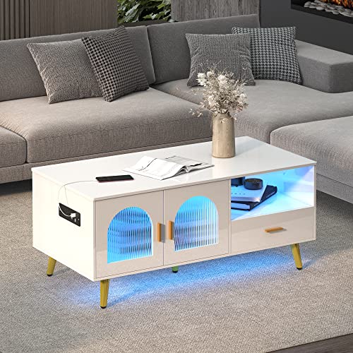 LVSOMT 42.5'' Coffee Table with 3 Colors Lighting, High Glossy Modern Accent Furniture with Storage, Contemporary Rectangle Table for Living Room（Glossy White