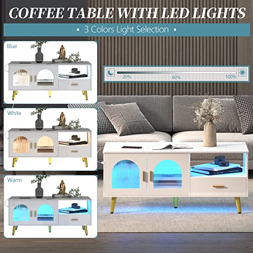 LVSOMT 42.5'' Coffee Table with 3 Colors Lighting, High Glossy Modern Accent Furniture with Storage, Contemporary Rectangle Table for Living Room（Glossy White