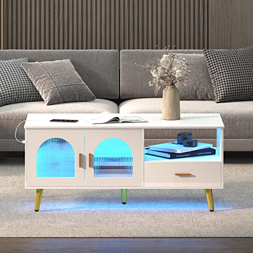 LVSOMT 42.5'' Coffee Table with 3 Colors Lighting, High Glossy Modern Accent Furniture with Storage, Contemporary Rectangle Table for Living Room（Glossy White