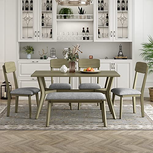 XD Designs Mid-Century 6-Piece Dining Table Set, Wooden Kitchen Dining Table Set, Rectangular Dining Table with Unique Shape Legs, 4 Upholstered Comfort Chairs & 1 Bench (Antique Yellow)