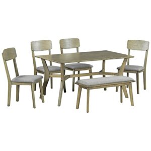 XD Designs Mid-Century 6-Piece Dining Table Set, Wooden Kitchen Dining Table Set, Rectangular Dining Table with Unique Shape Legs, 4 Upholstered Comfort Chairs & 1 Bench (Antique Yellow)