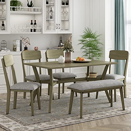 XD Designs Mid-Century 6-Piece Dining Table Set, Wooden Kitchen Dining Table Set, Rectangular Dining Table with Unique Shape Legs, 4 Upholstered Comfort Chairs & 1 Bench (Antique Yellow)