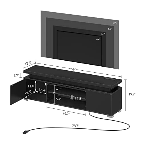 Rolanstar TV Stand with LED Lights & Power Outlet, Modern Entertainment Center for 32/43/50/55/65 Inchs TVs, Tv Table, Universal Gaming LED TV Media stand with Storage Cabinet and Large Storage, Black