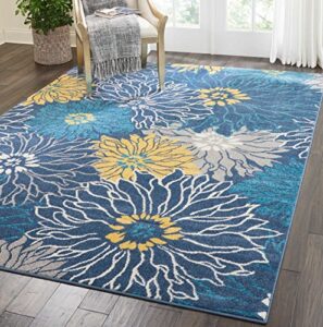 nourison passion blue 6’7″ x 9’6″ area-rug, floral, farmhouse, easy-cleaning, non shedding, bed room, living room, dining room, kitchen, (7′ x 10′)