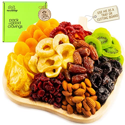 Dried Fruit & Mixed Nuts Gift Basket in Reusable Wooden Apple Tray + Ribbon (9 Assortments) Purim Mishloach Manot Gourmet Food Bouquet Platter, Birthday Care Package, Healthy Kosher Snack Box