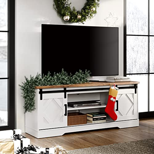 WAMPAT Farmhouse Sliding Barn Door TV Stand for TVs Up to 65 inch, Modern Storage Entertainment Center, Wood Media Console Table Cabinet 3-Level Adjustable Shelf for Living Room, White/Oak