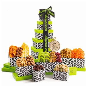 dried fruit & mixed nuts gift basket leaf tower + ribbon (12 assortments) purim mishloach manot gourmet food bouquet arrangement platter, birthday care package, healthy kosher snack box, her him